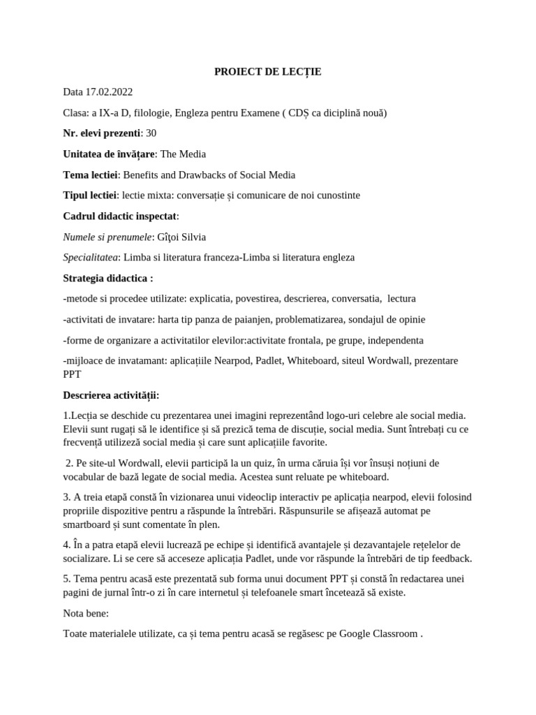 Proiect Lectie Inspectie 2022 | PDF