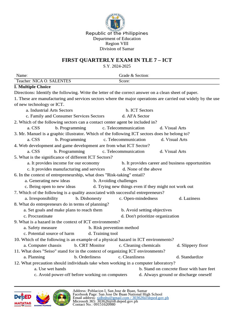 Q1 Exam in TLE 7 ICT | PDF