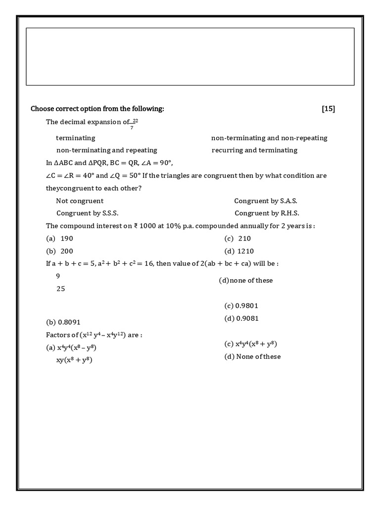 Grade 9 Maths Model SA1 | PDF