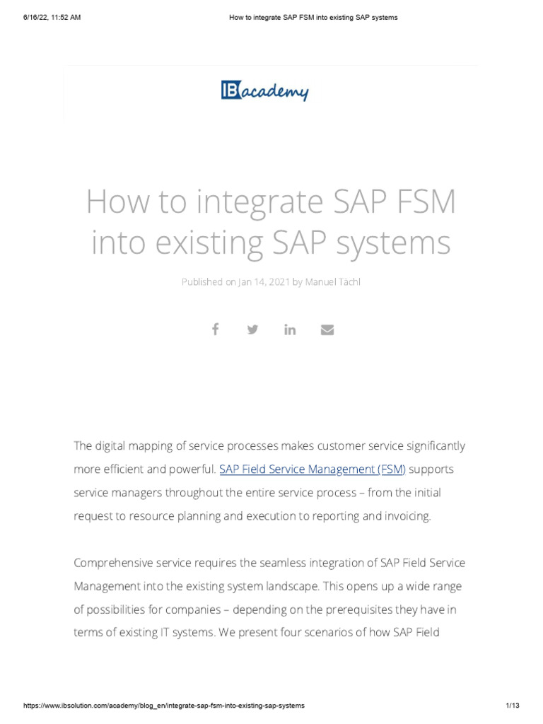 How To Integrate SAP FSM Into Existing SAP Systems | PDF