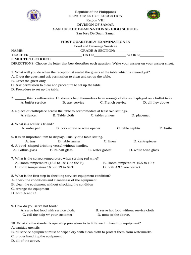 1st Quarter Exam in Fb&s | PDF