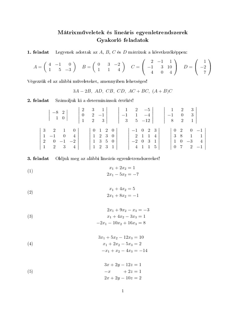 Lineáris algebra gyakorló feladatok (megoldásokkal) | PDF