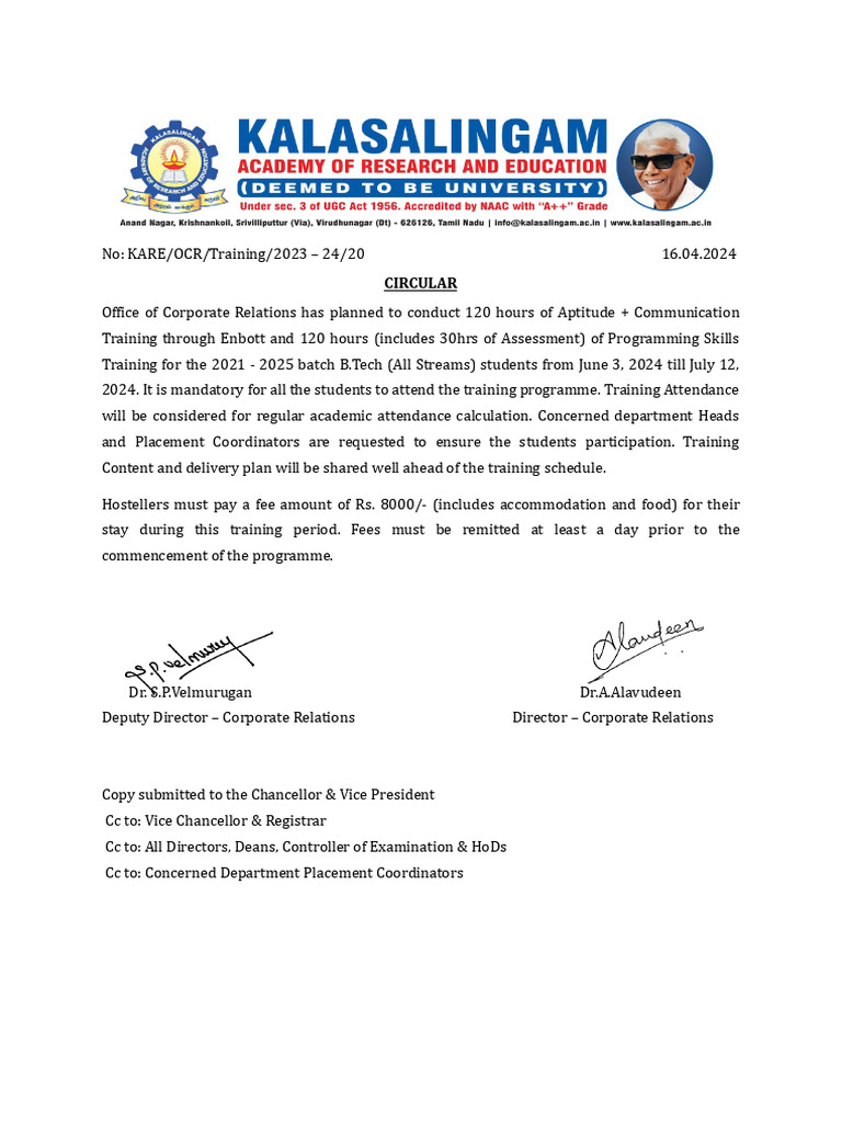 Placement Training Circular | PDF