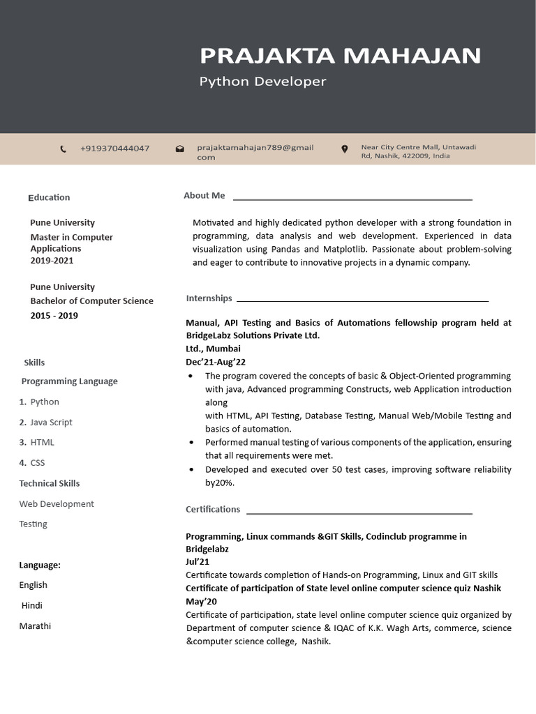 4 Prajakta Python Developer CV - Prajakta Mahajan | PDF