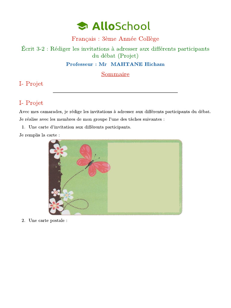 Ecrit 3 2 Rediger Les Invitations A Adresser Aux Differents Participants Du Debat Projet 2 | PDF