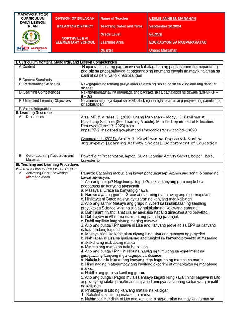 Matatag Daily Lesson Plan Esp September 16 2024 | PDF