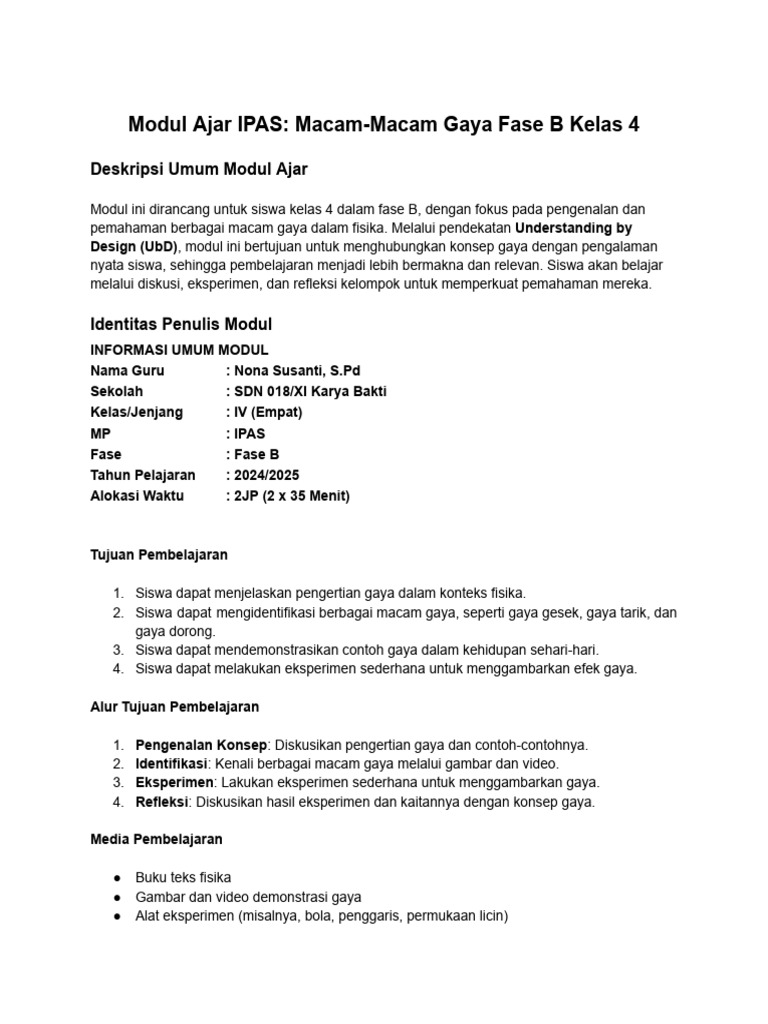 Modul Ajar IPAS - Macam-Macam Gaya Fase C Kelas 4 | PDF
