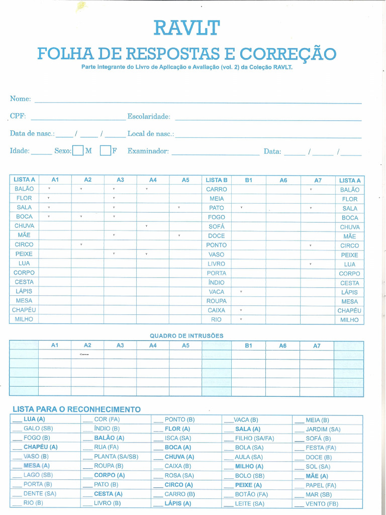 Folha de aplicação RAVLT | PDF