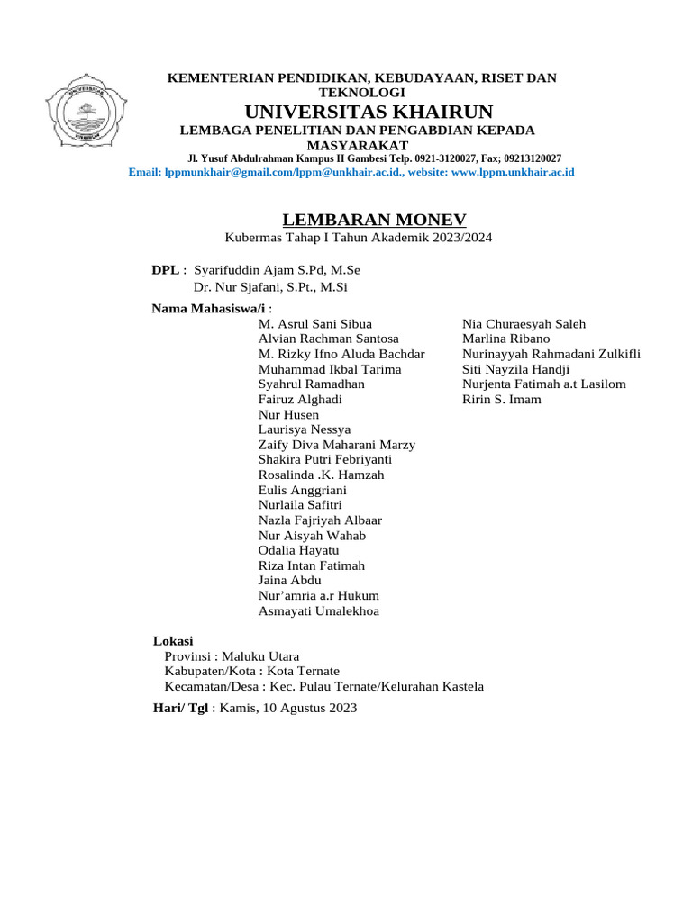 Lembar Monev Kubermas Kastela | PDF