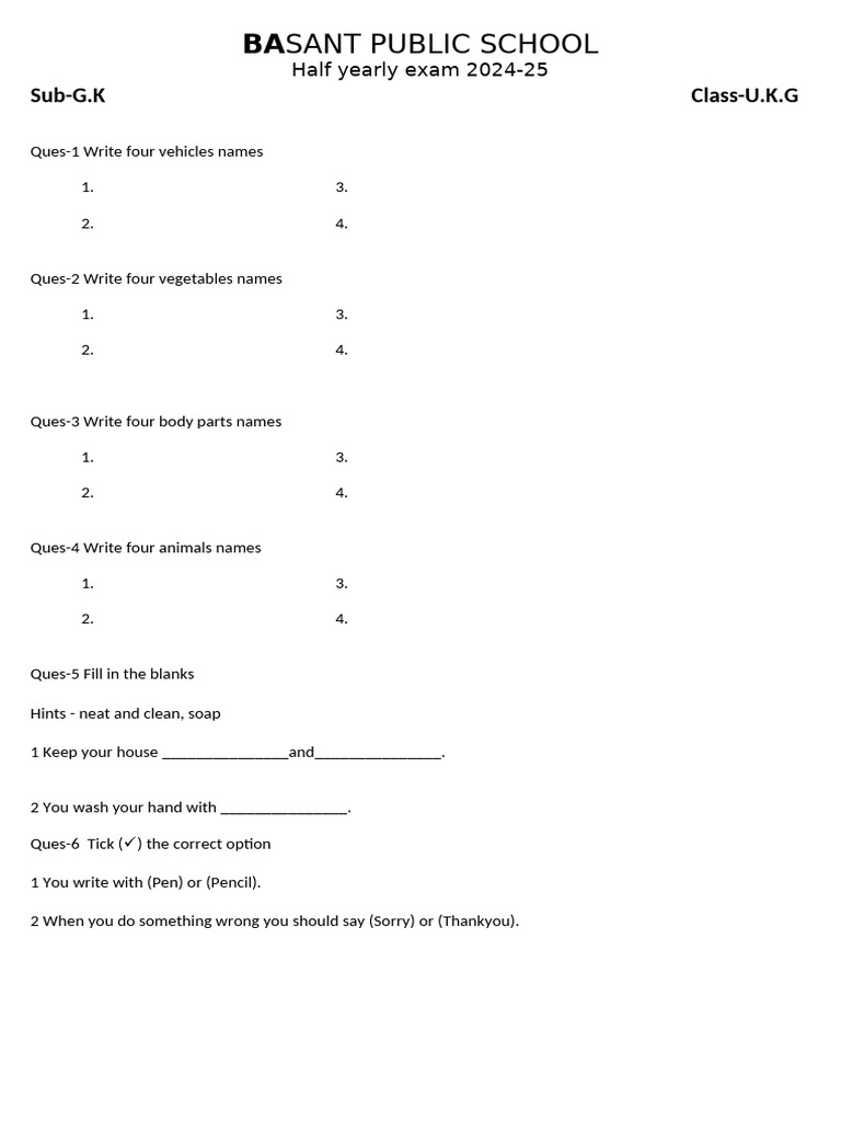 UKG Half-Yearly Exam Questions | PDF