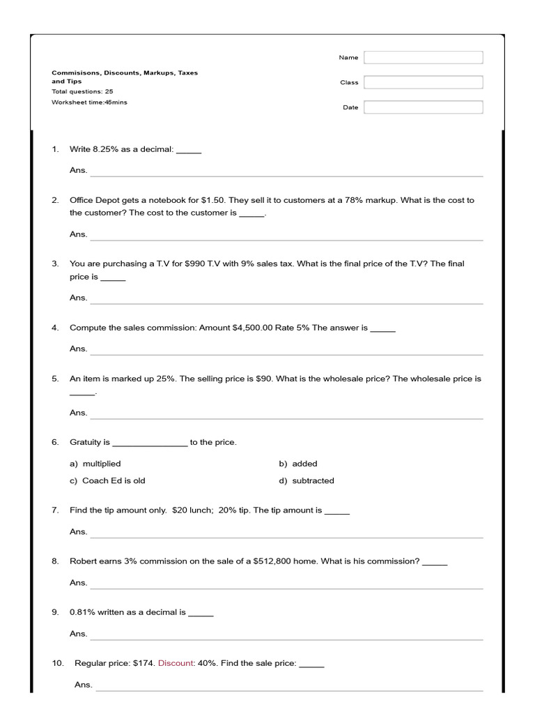 Commisisons, Discounts, Markups, Taxes and Tips | PDF