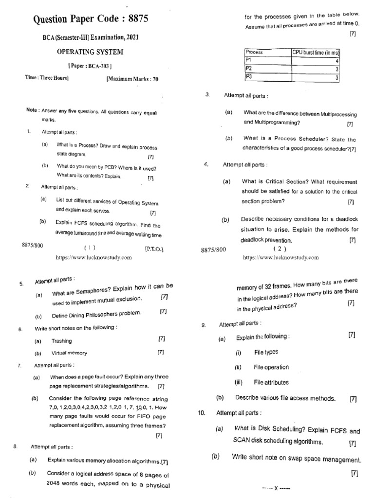 Bca 3 Sem Operating System 8875 2021 | PDF