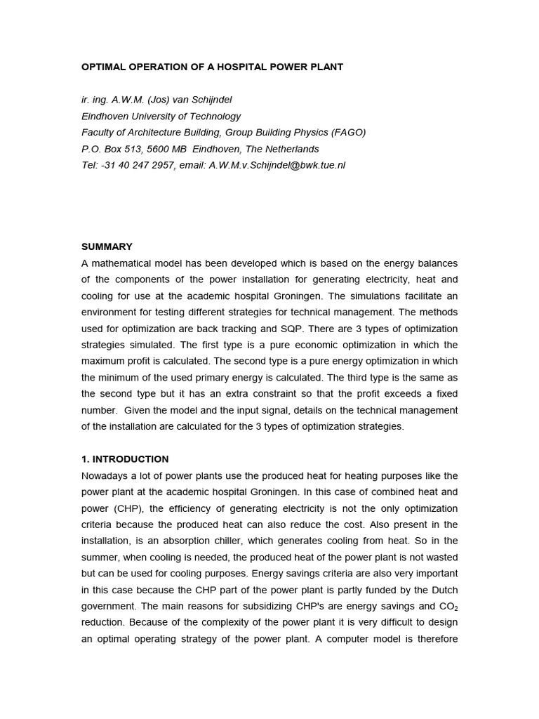 OPTIMAL OPERATION OF A HOSPITAL POWER PLANT | PDF