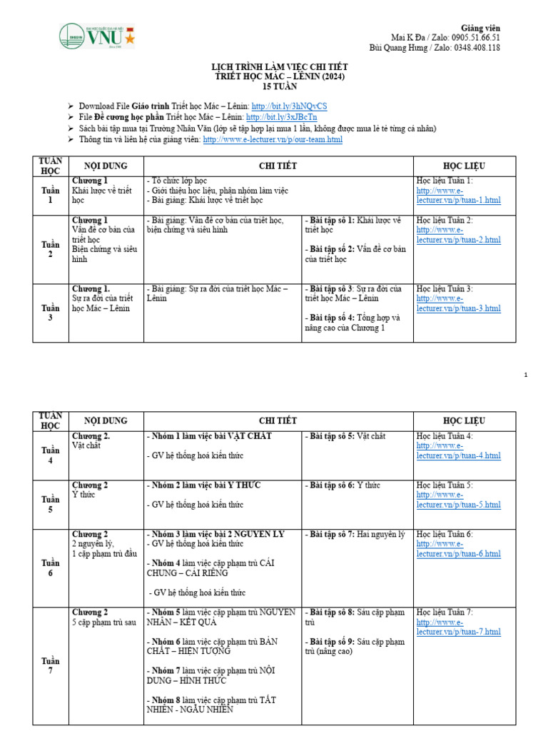 Lich Trinh Lam Viec MLN VNU 2024 - 15 Tuan | PDF