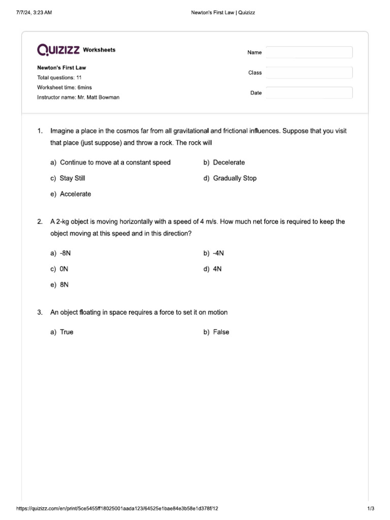 Newton's First Law Test 1 | PDF