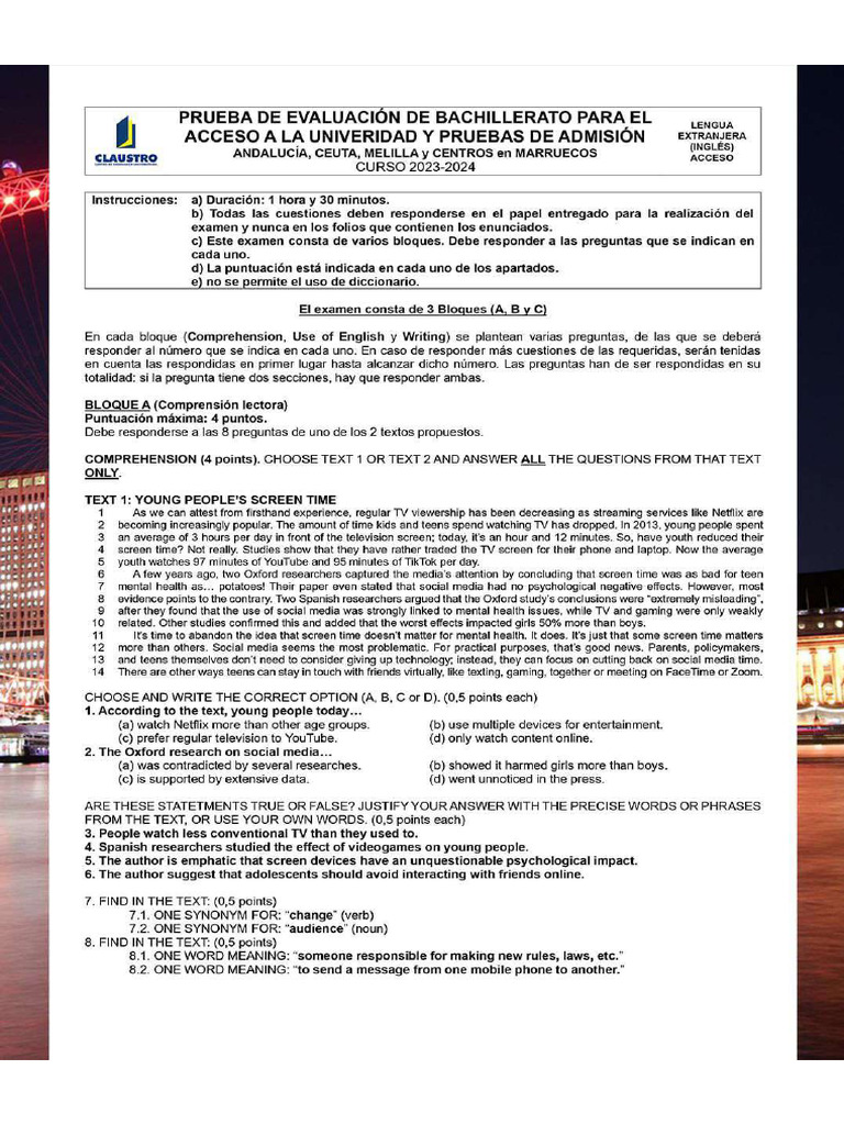 Selectividad Andalucia Junio 2024 Examen Inglés | PDF