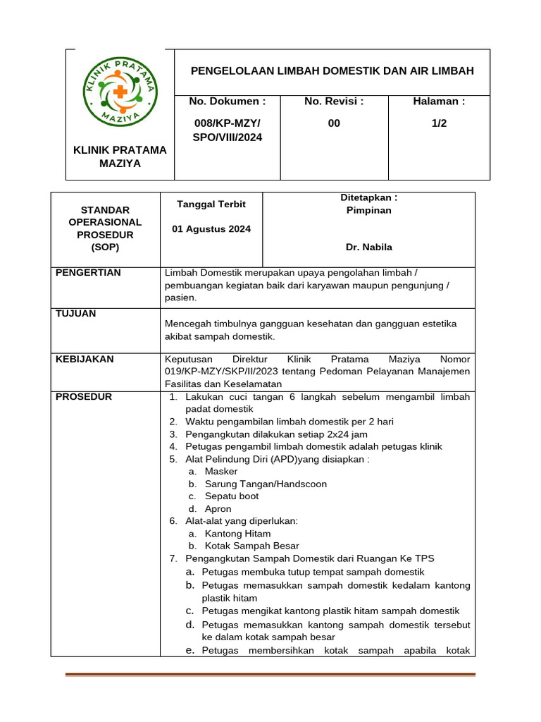 Spo Pengelolaan Limbah Domestik Maziya | PDF
