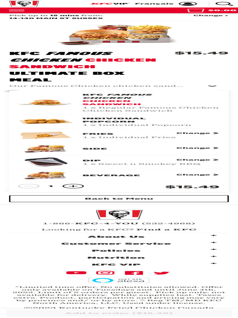 KFC Famous Chicken Chicken Sandwich Ultimate Box Meal Big Box Meals Overview Delivery Menu KFC ...