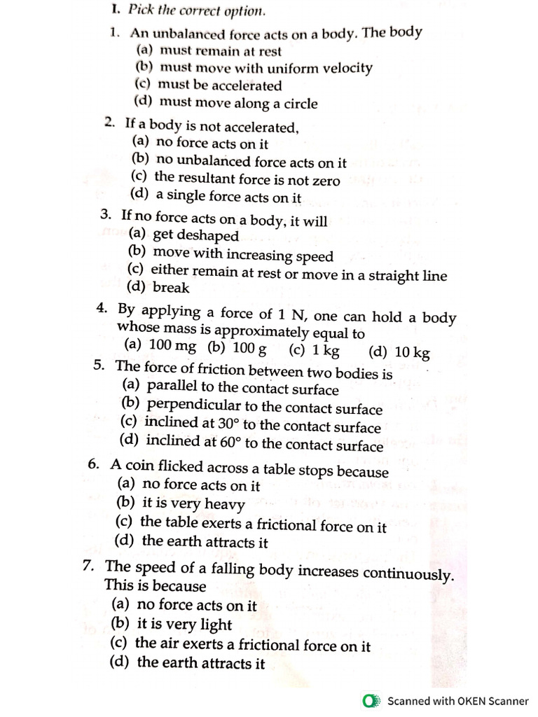 Objective Questions of Force and Acceleration | PDF