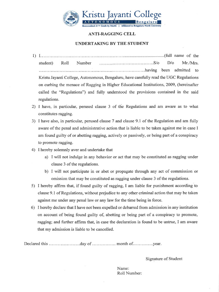 Anti-Ragging Cell - Undertaking by The Student | PDF