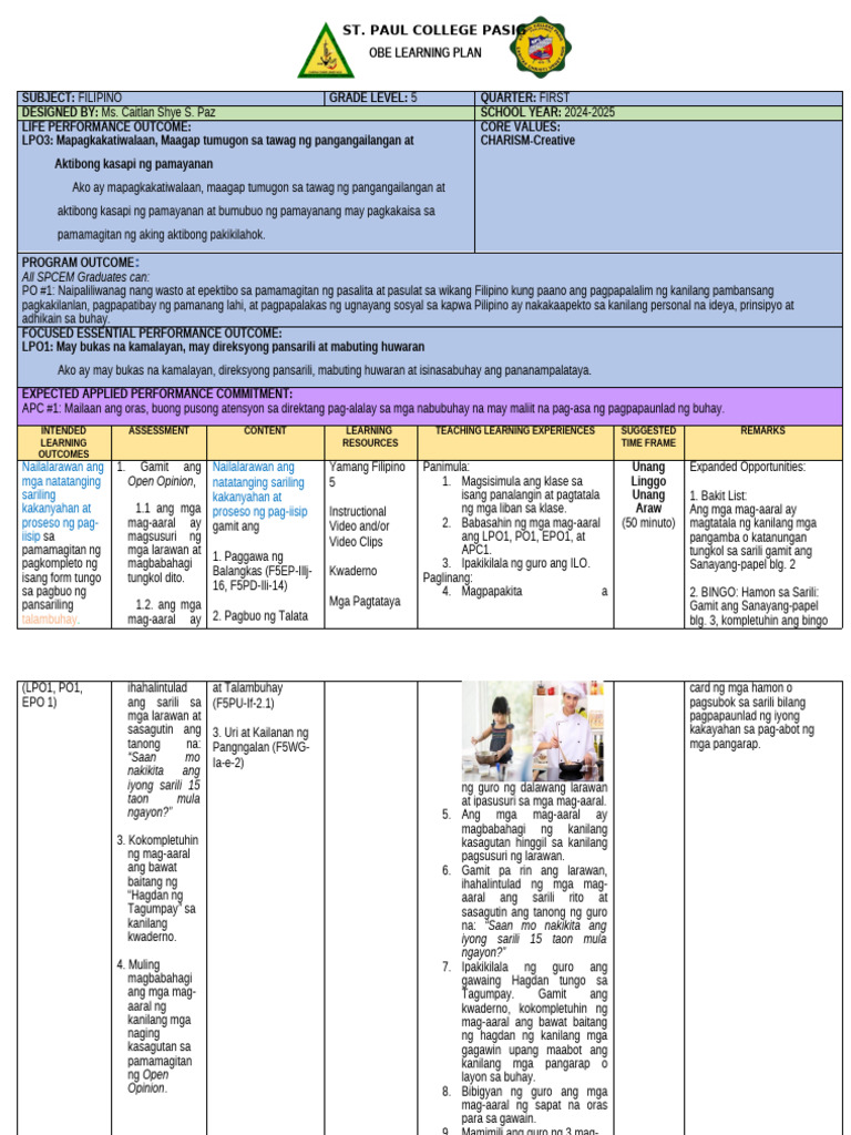 Q1 - G5 - Learning Plan - Week 1-3 | PDF