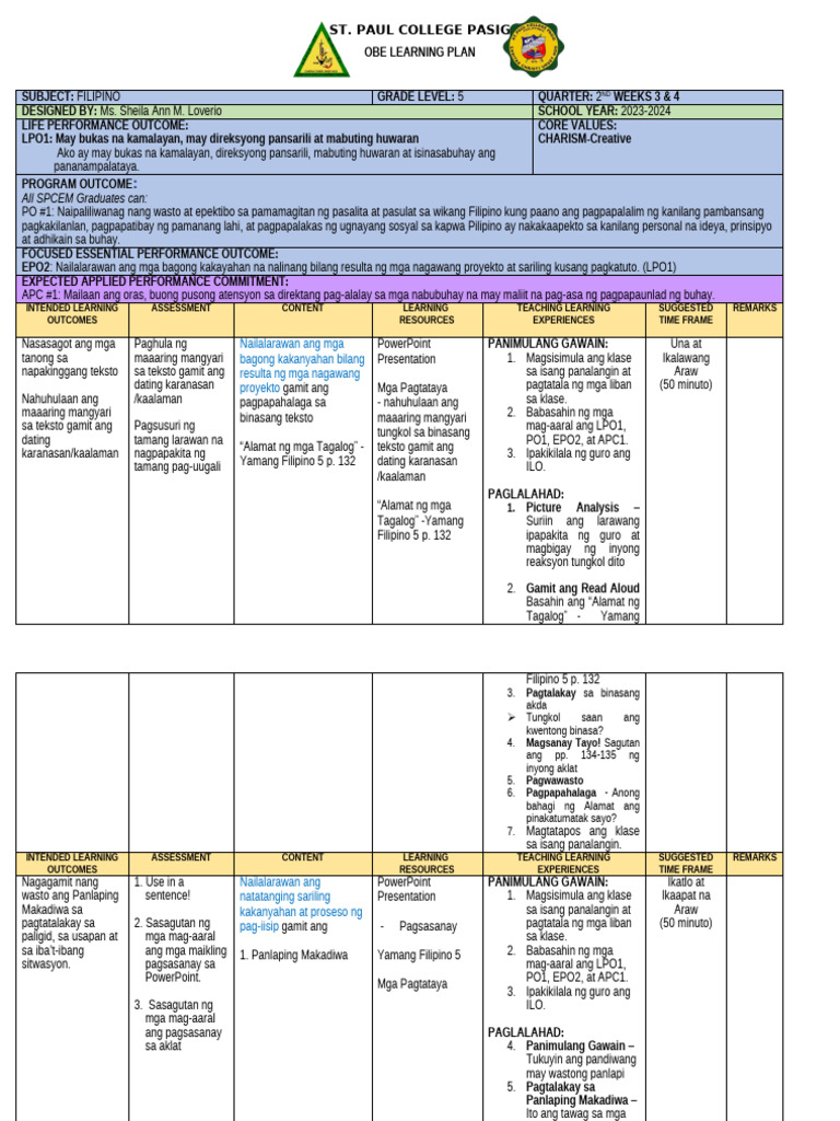 Q2 - G5 Week 3-4 Learning Plan | PDF