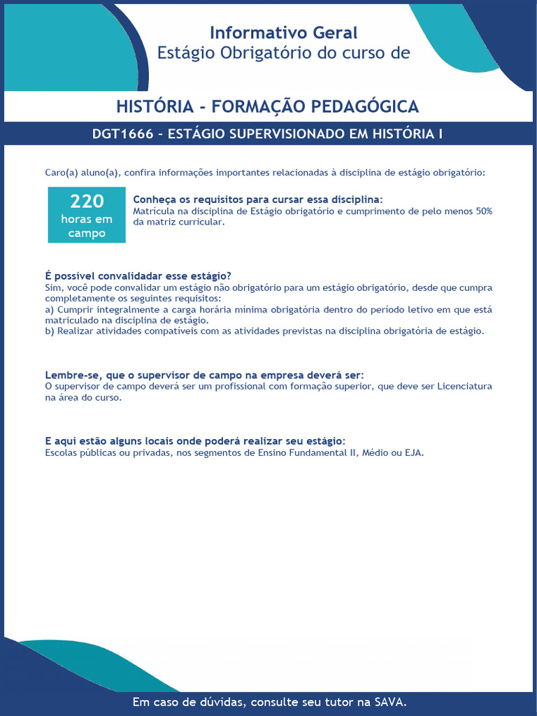 Informativo Geral Est Gio em HIST RIA - FORMA O PEDAG GICA DGT1666 | PDF