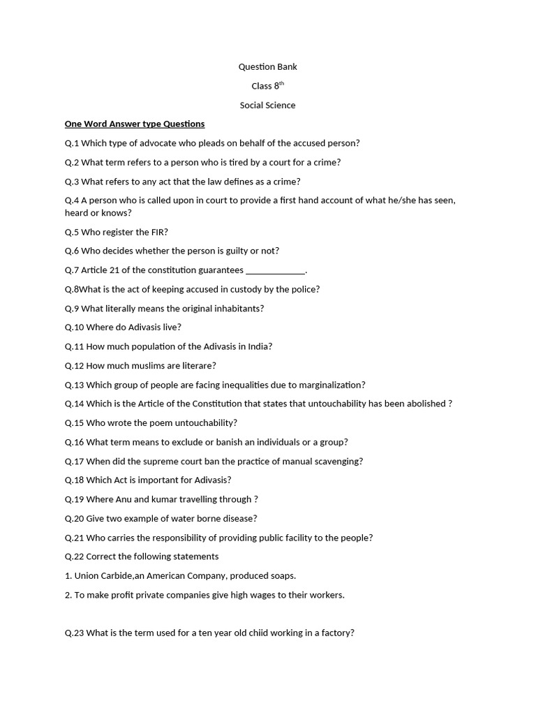 Question Bank Class 8 SST | PDF