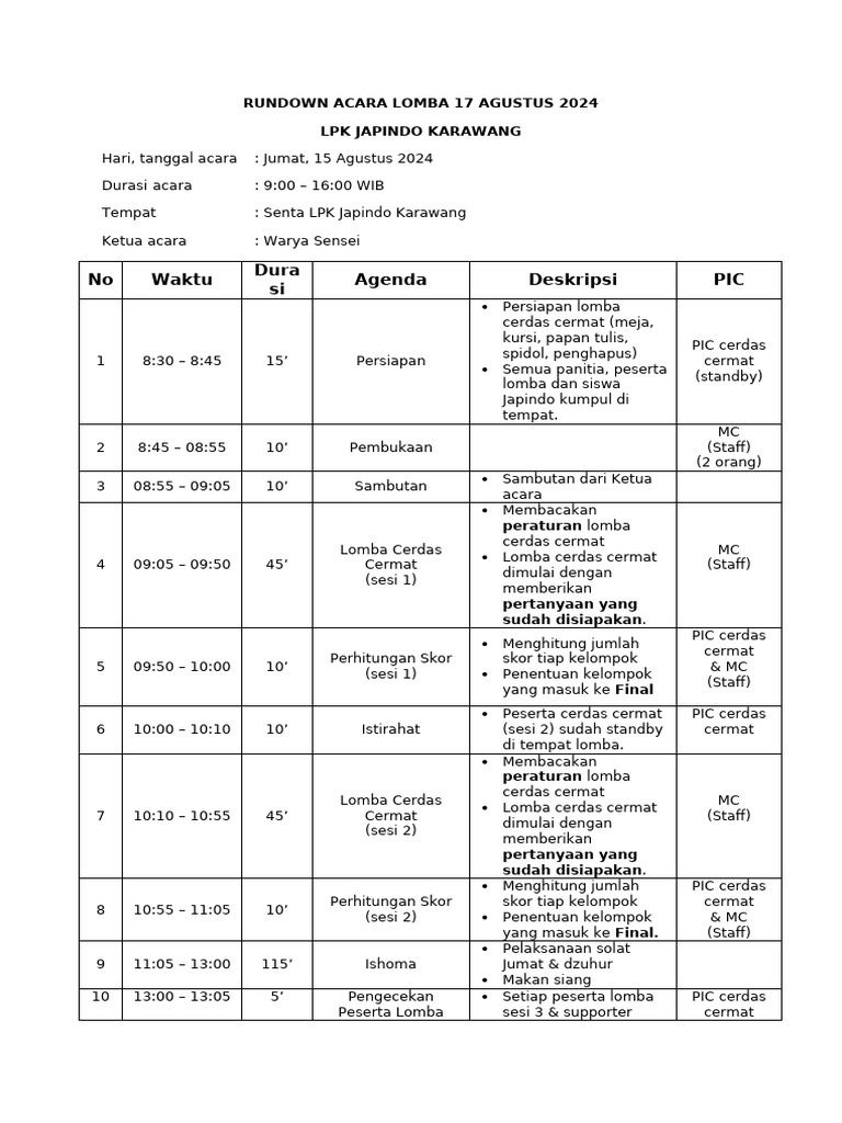 Rundown Acara Lomba 17 Agustus 2024 Ok | PDF