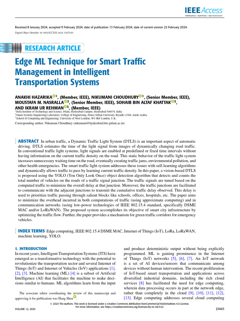 Edge ML Technique For Smart Traffic Management in Intelligent Transportation Systems | PDF