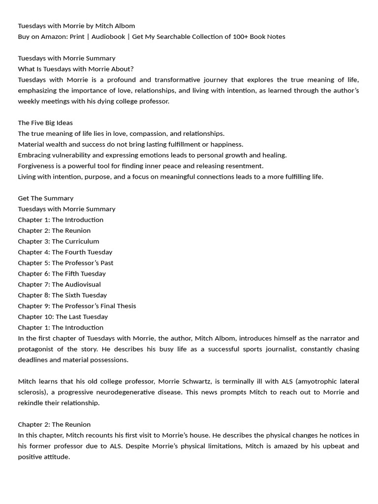 Tuesdays with Morrie by Mitch Albom Summary | PDF