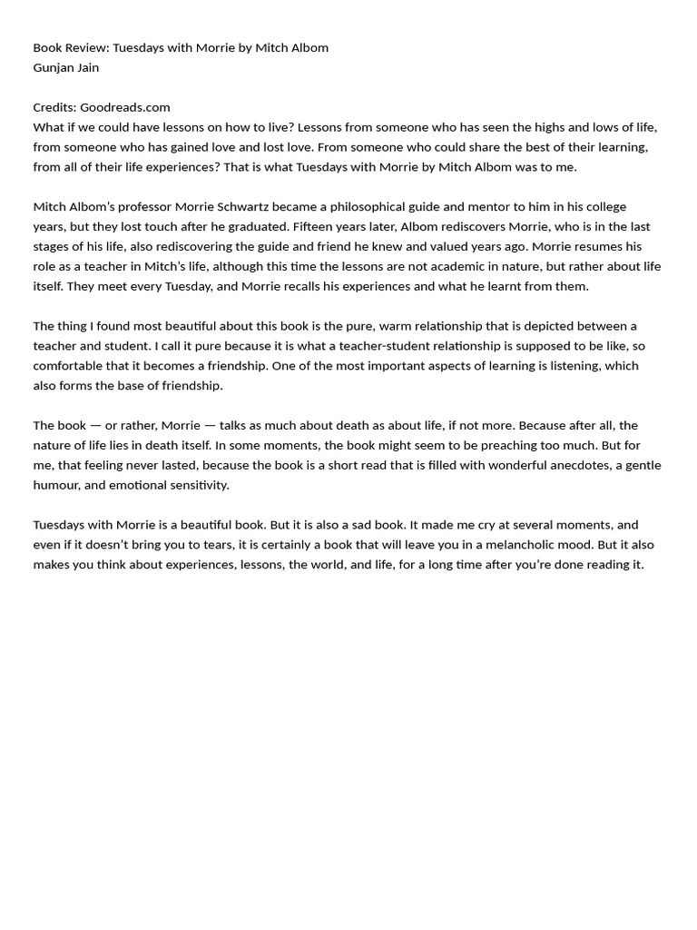 Book Review - Tuesdays With Morrie by Mitch Albom2 | PDF