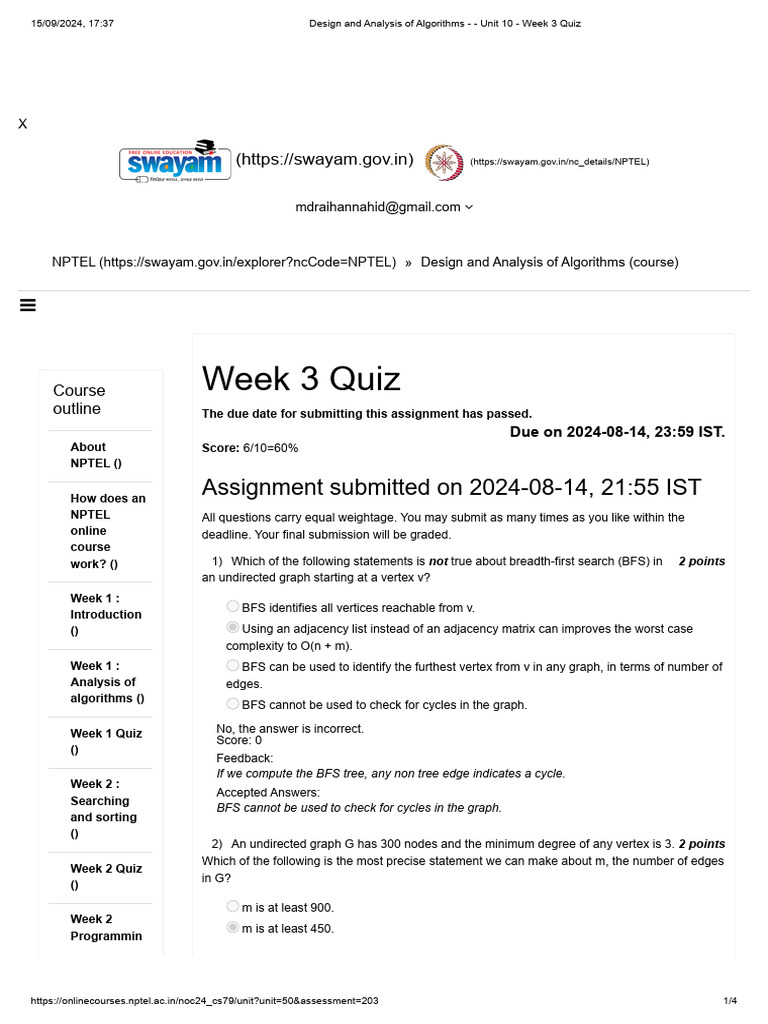 Design and Analysis of Algorithms - Unit 10 - Week 3 Quiz | PDF