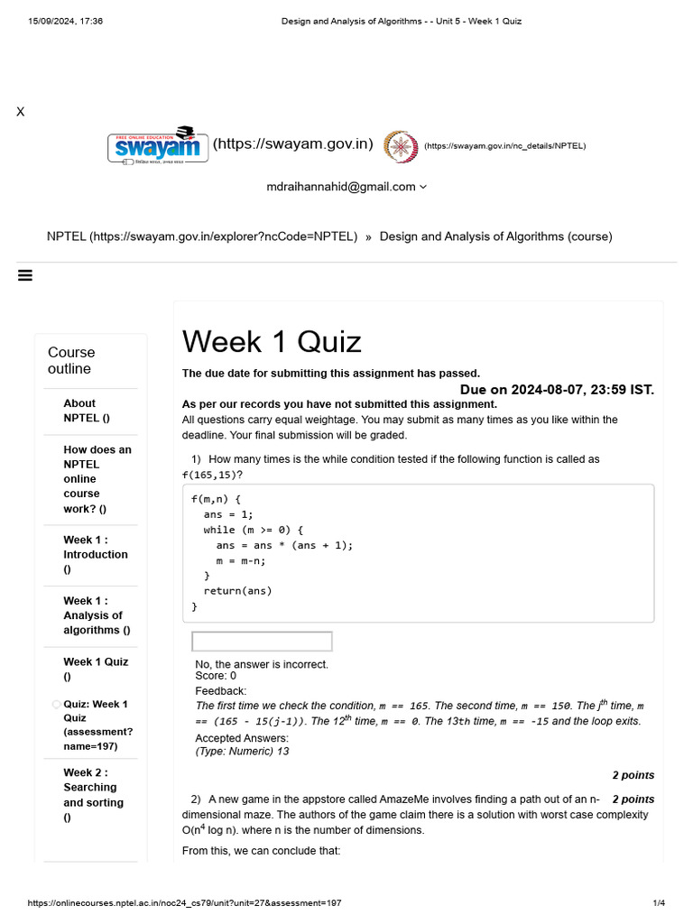 Design and Analysis of Algorithms - Unit 5 - Week 1 Quiz | PDF