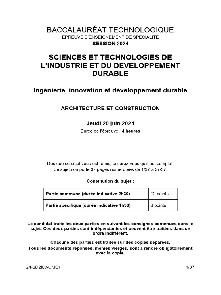 Sti2d Spe Ingenierie Innov Dev Durable 2024 Metropole Sujet Officiel | PDF