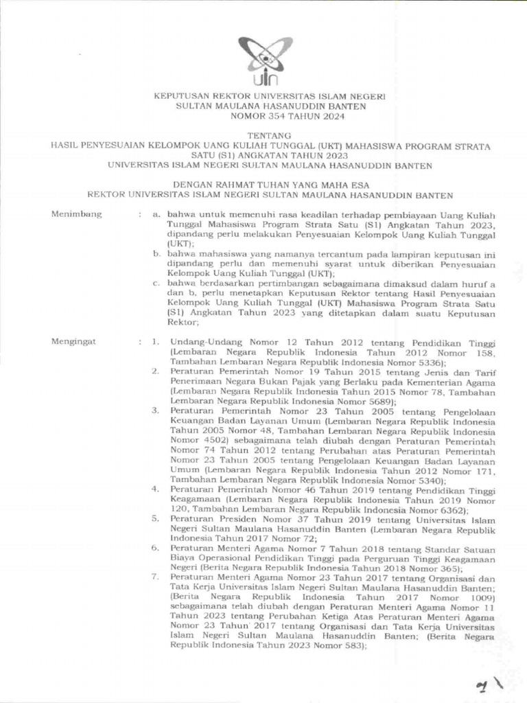 SK 354 TAHUN 2024 - HASIL PENYESUAIAN UKT MAHASISWA ANGKATAN 2023 TTD SMPL | PDF