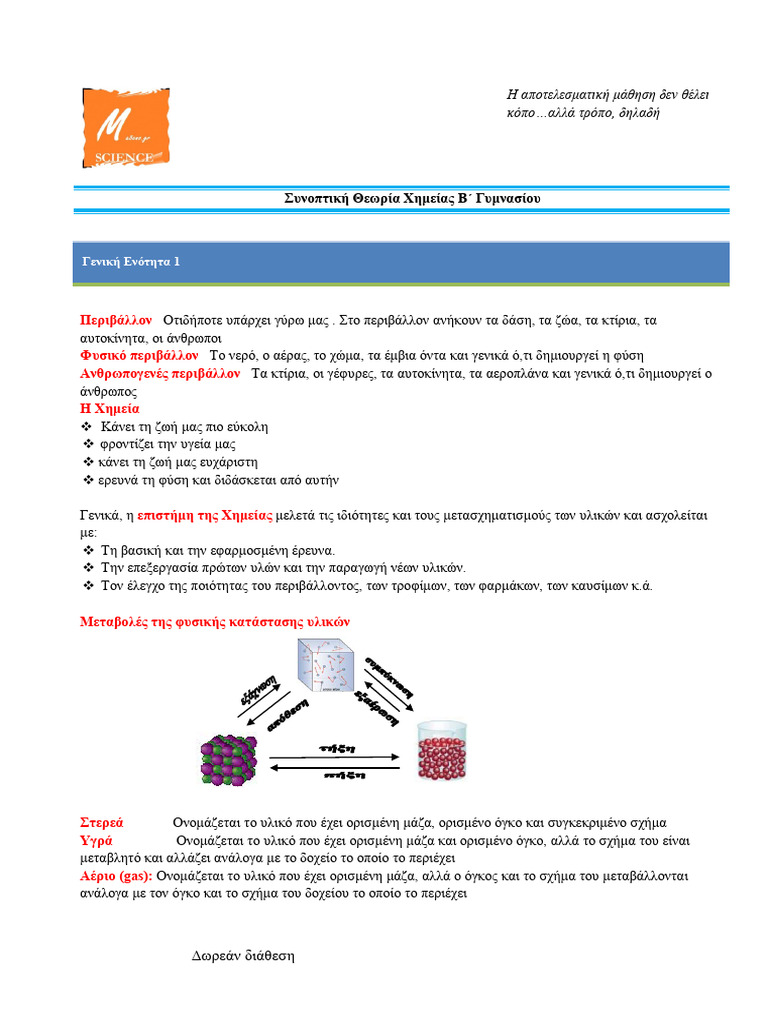 Συνοπτική Θεωρία Χημείας Β Γυμνασίου | PDF