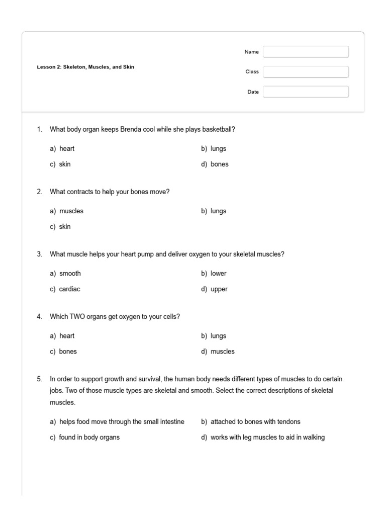 Lesson 2 - Skeleton, Muscles, and Skin - Quizizz | PDF | Wellness