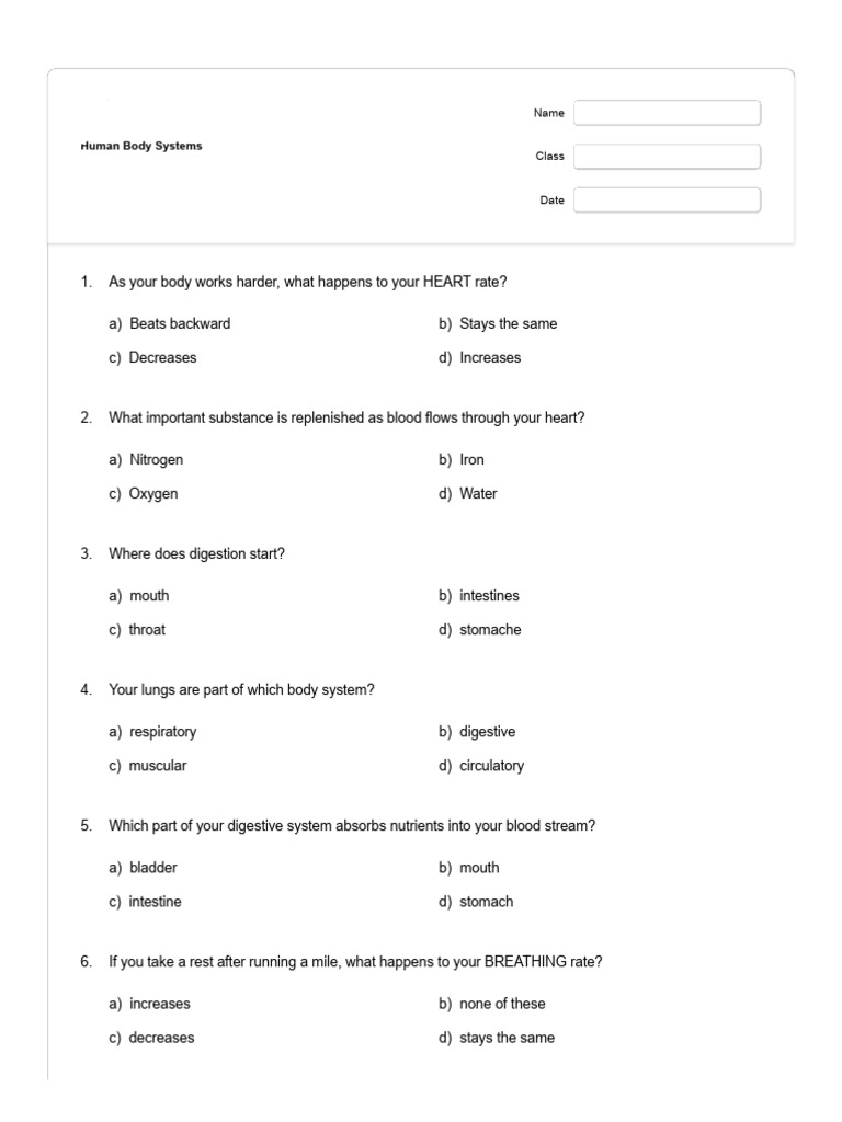 Human Body Systems Quiz G4 | PDF | Human Body | Respiratory System