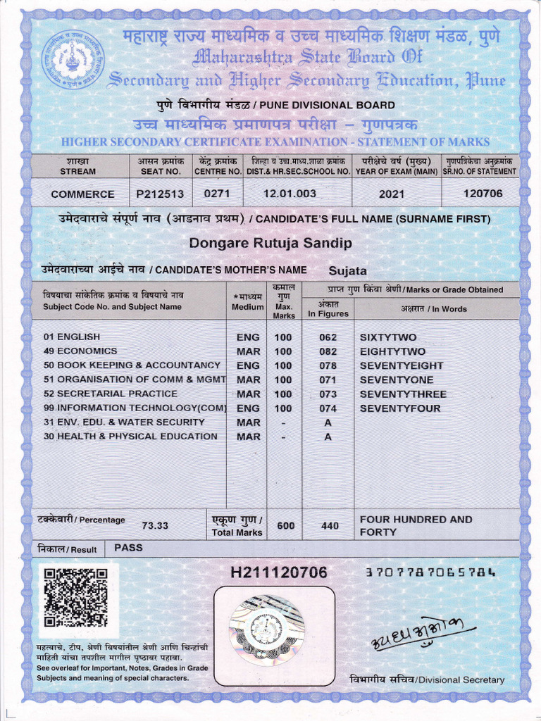 HSC Mark Sheet | PDF