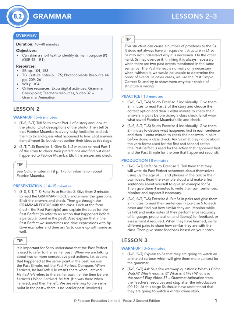 Focus2 2E Lesson Plans U8 Lesson 2 3 Grammar | PDF