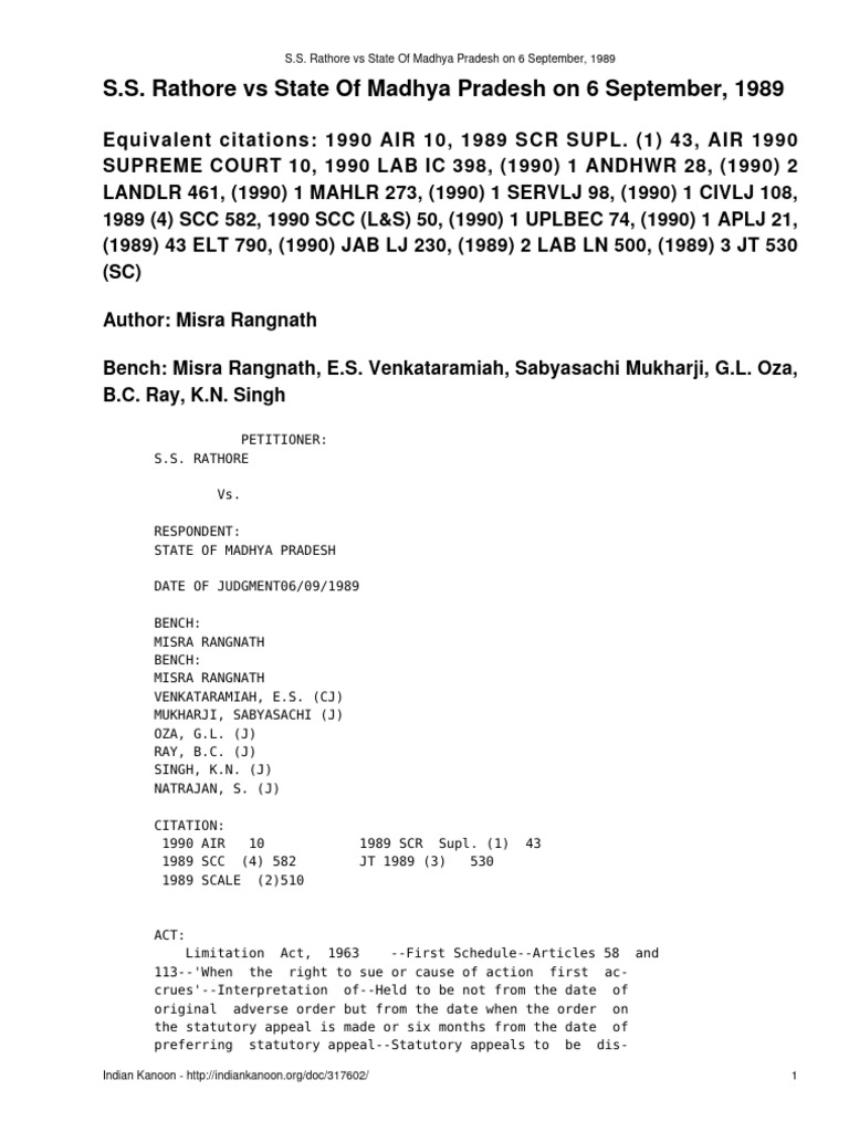 S S Rathore Vs State of Madhya Pradesh On 6 September1989 | PDF