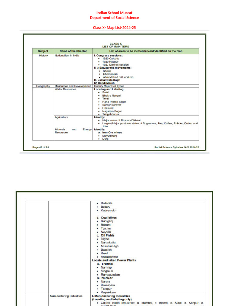 Class - X - Social Science Map List-2024-25 | PDF