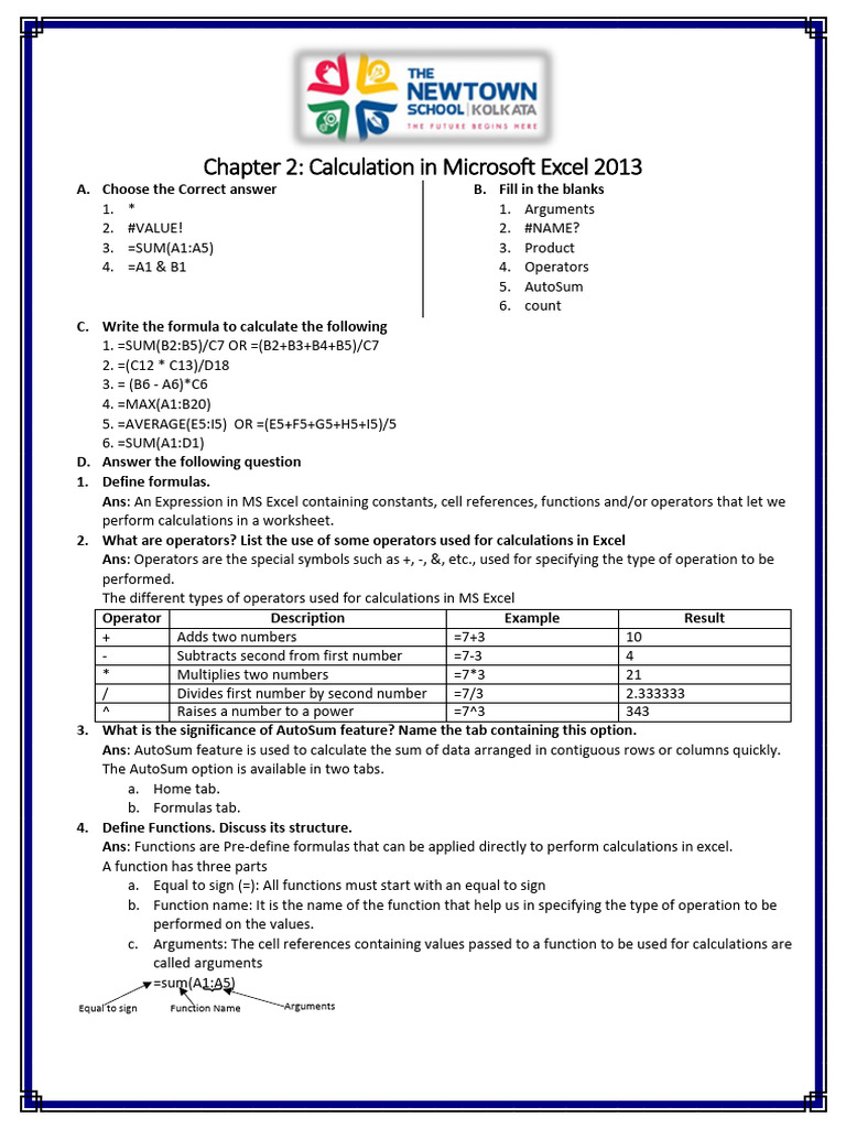 Calculation in Microsoft Excel 2013 Sub - Obj - Answers | PDF
