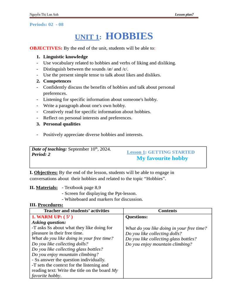 Sua Unit 1 - Lesson Plan 7 (p1-p8) | PDF