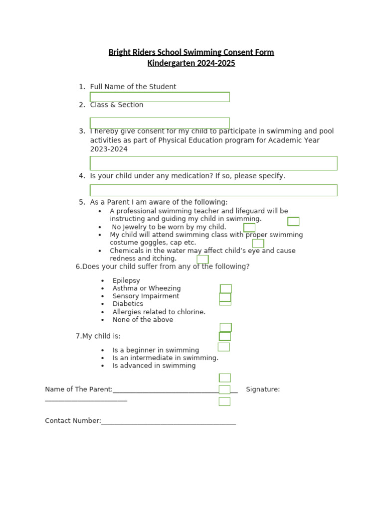 Bright Riders School Swimming KG Consent Form | PDF