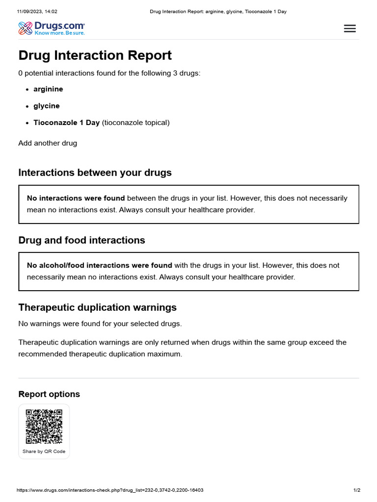 Drug Interaction Report - Arginine, Glycine, Tioconazole 1 Day | PDF