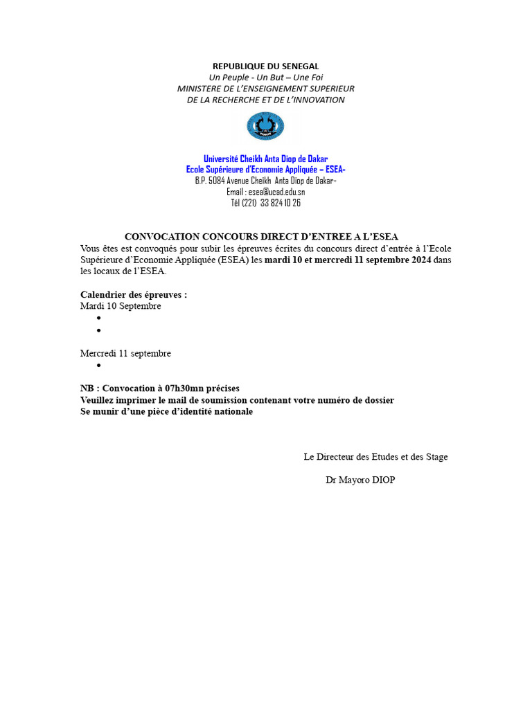 Convocation Concours Directs 2024-2025 | PDF