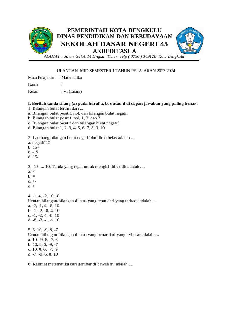 Mid Matematika Kelas 6 | PDF