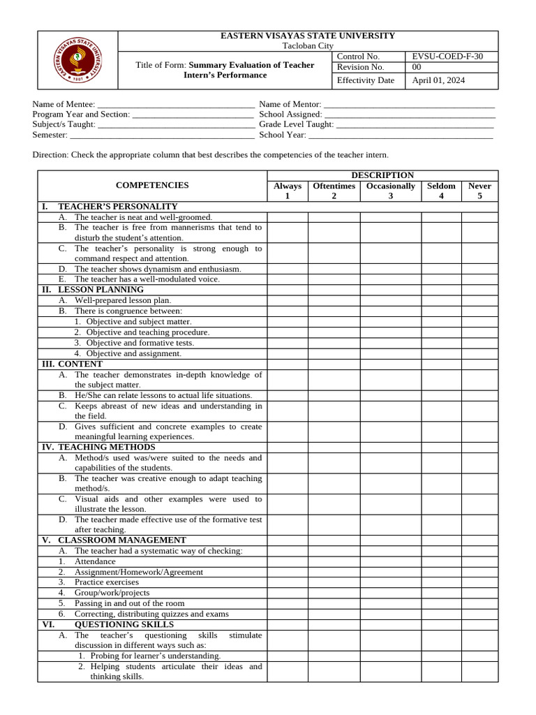 Summary Evaluation of Teacher Intern's Performance | PDF